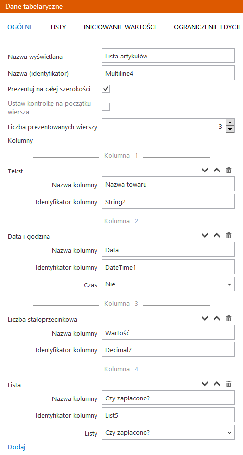 Dane tabelaryczne – Baza Wiedzy programu Comarch DMS