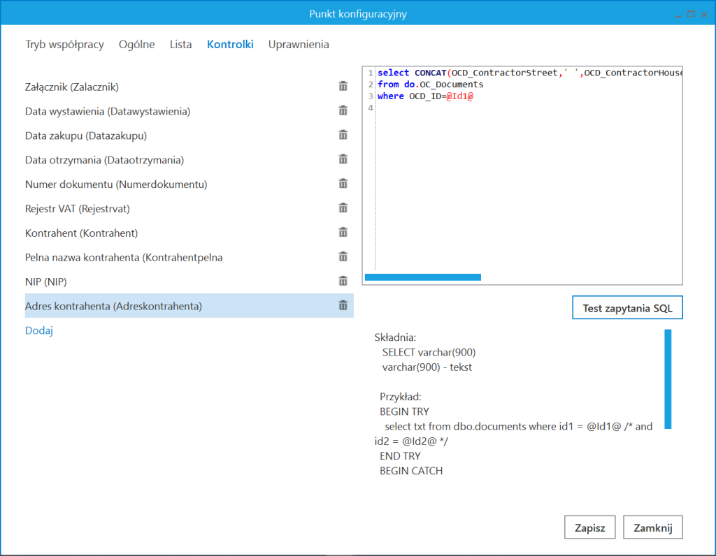 Przykłady zapytań SQL w zakładce Kontrolki – Baza Wiedzy programu Comarch DMS