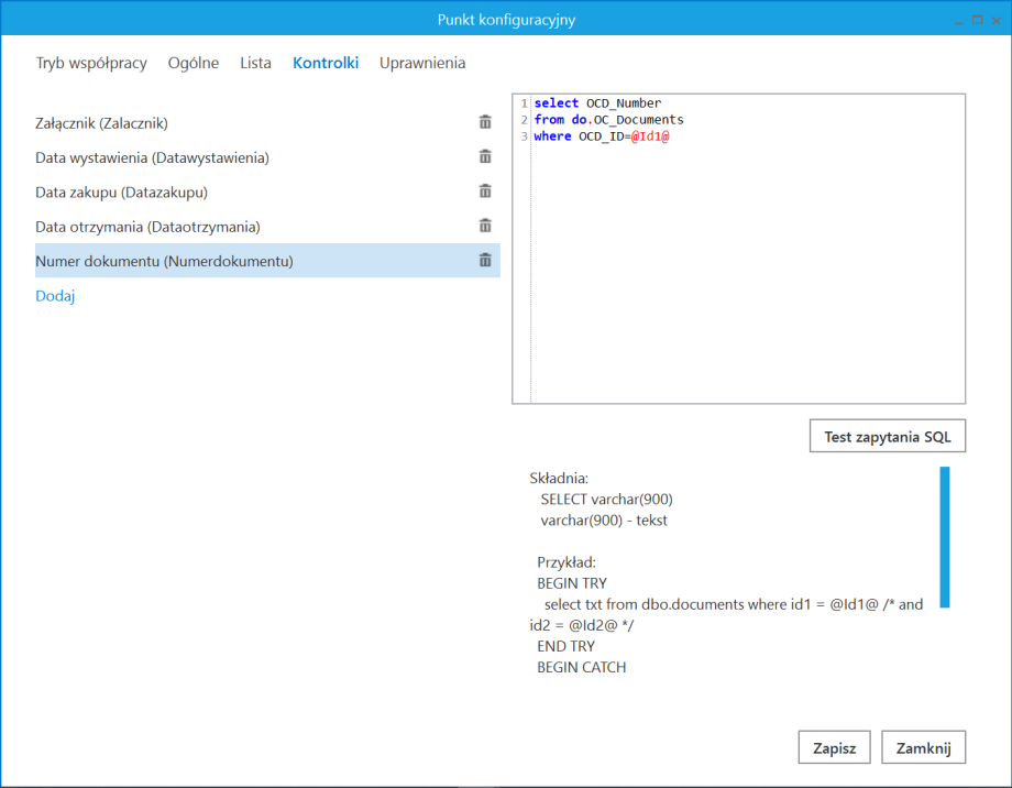 Przykłady zapytań SQL w zakładce Kontrolki lub w zakładce Atrybuty ...