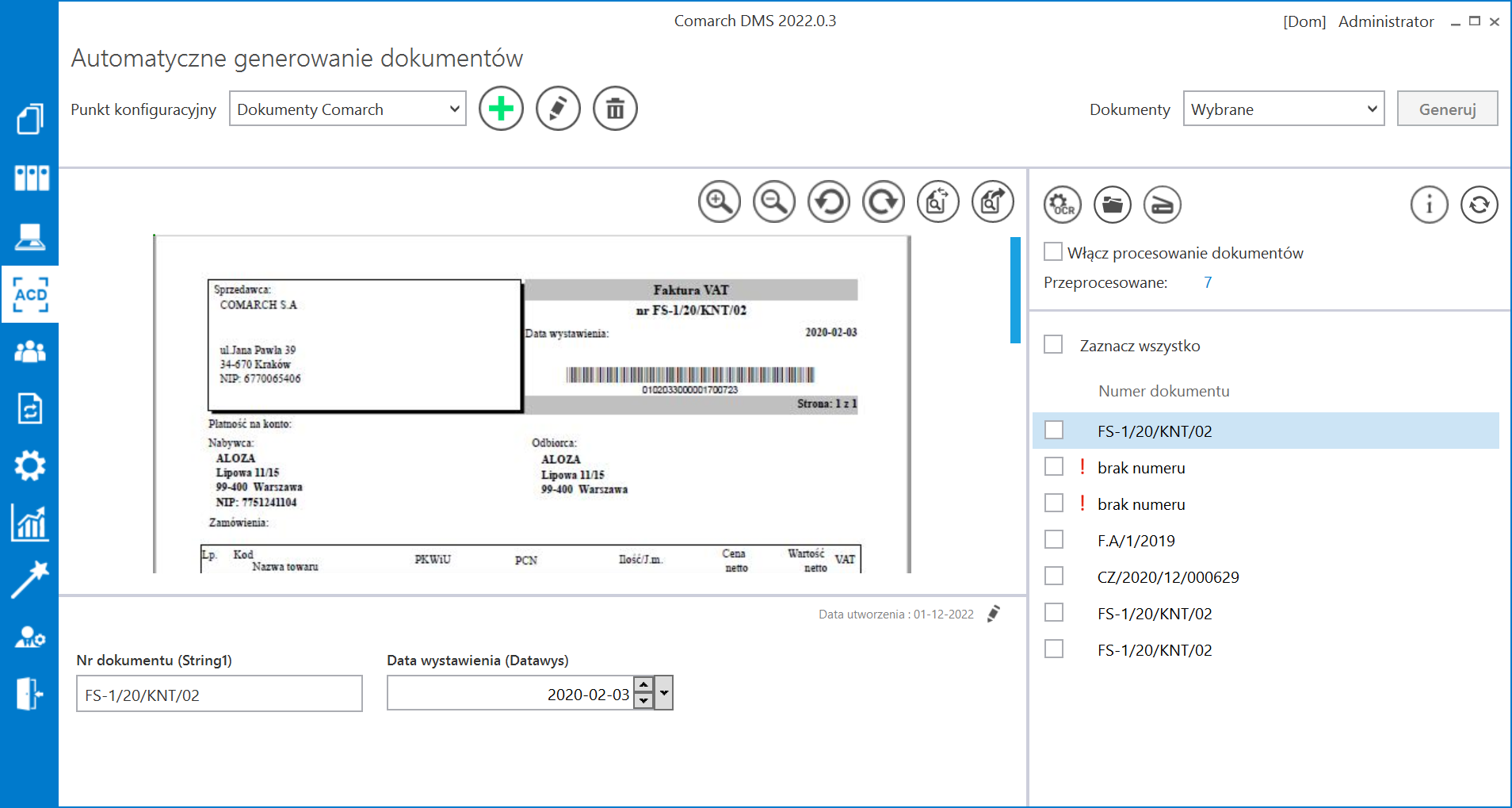 Przetwarzanie dokumentów przez usługę Comarch OCR – Baza Wiedzy programu Comarch DMS