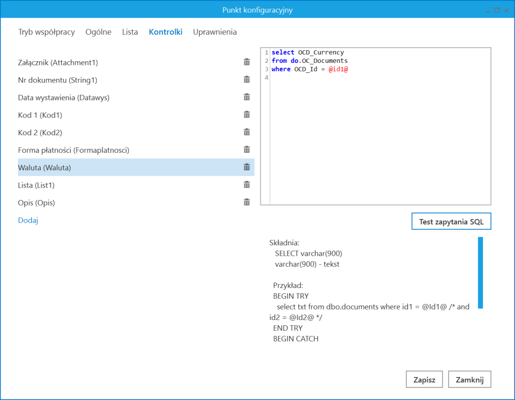 Przykłady zapytań SQL w zakładce Kontrolki lub w zakładce Atrybuty ...