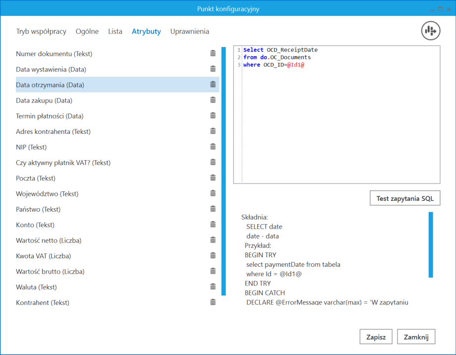Przykłady zapytań SQL w zakładce Kontrolki lub w zakładce Atrybuty ...