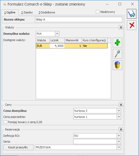 Formularz Comarch e-Sklep – Baza Wiedzy programu Comarch ERP Optima