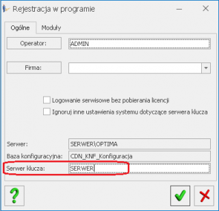 Serwer klucza może zostać również wskazany na zakładce Bazy na ...