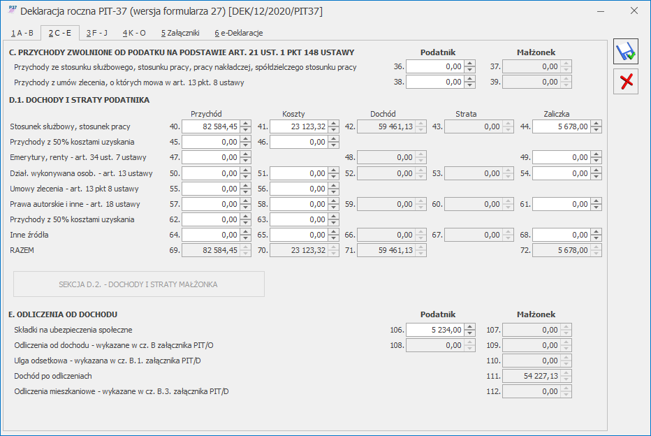 Deklaracja PIT-37, zakładka 2. C-E
